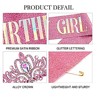 "Birthday Girl" Sash & Rhinestone Tiara Set COCIDE Birthday Sash and Tiara for Women Birthday Decoration Kit Rhinestone Headband for Girl Glitter Crystal Hair Accessories for Birth Party (Pink Tiara + Pink Sash (2))