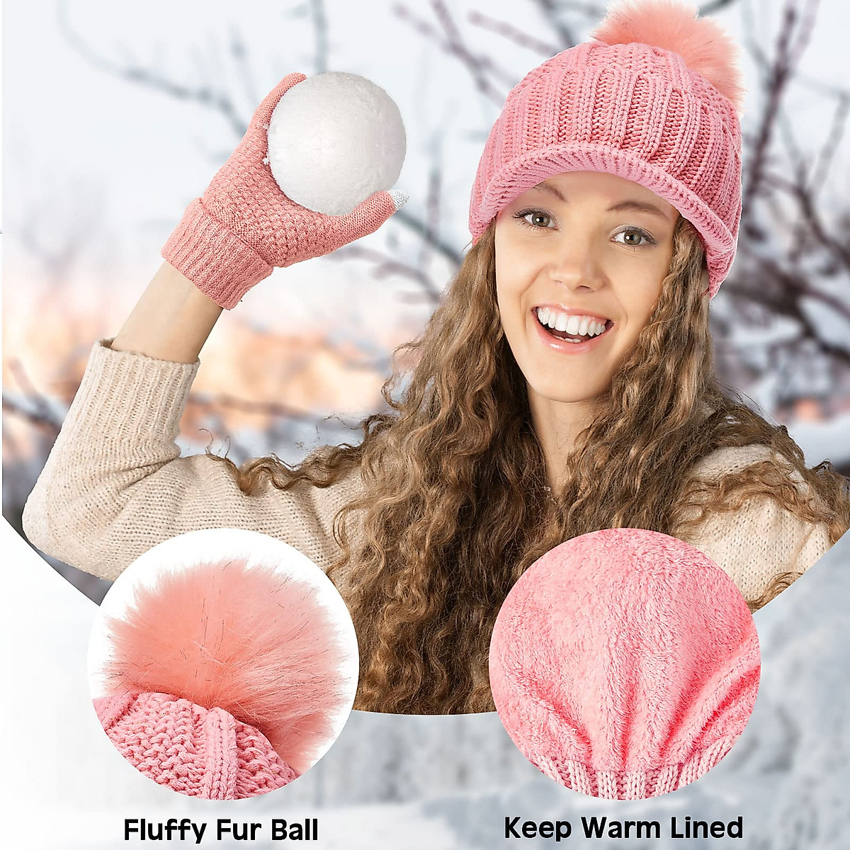 4 Sets Winter Hats and Gloves Set for Women Warm Knitted Beanie Hats with Brim Touchscreen Gloves Snow Ski Cap with Visor