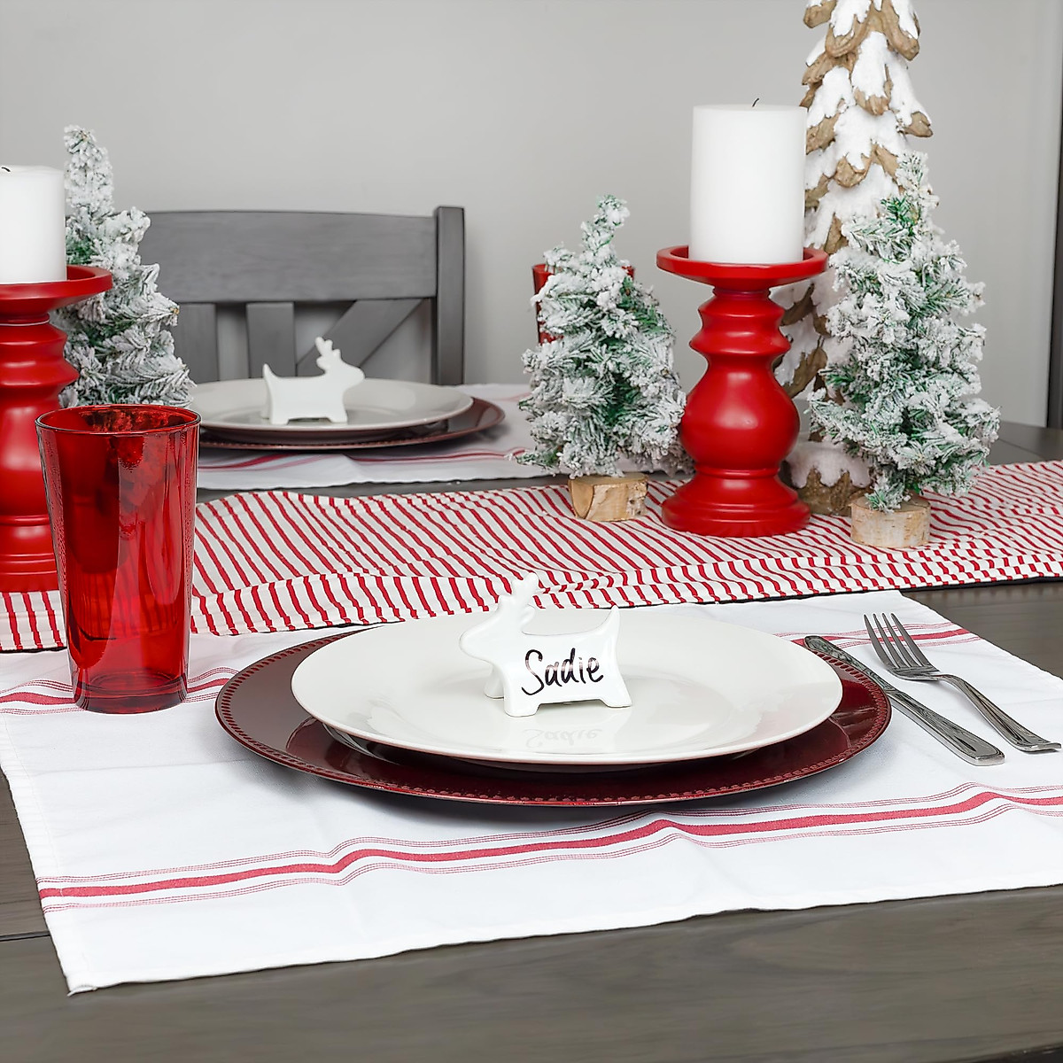 AuldHome Design Reindeer Place Card Holders (12-Pack), Ceramic Reusable Write-On Wipe-Off Christmas Place Card Stands for Table