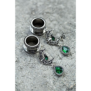 Pierced Owl Vintage Filigree Moon Dangling Vibrant Green Stone Set Flesh Tunnel Plugs, Sold as Pair (10mm (00GA))