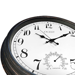 OCEST 16 Inch Large Analog Outdoor Wall Clock, Waterproof, Weather-Resistant, Non-Ticking, Battery-Operated, with Temperature Display, for Patio, Pool, Lanai, Fence, Porch, Garden, Bathroom