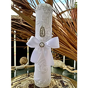Baptism White Candle Set with Lady of Guadalupe Medal and Pearls Details