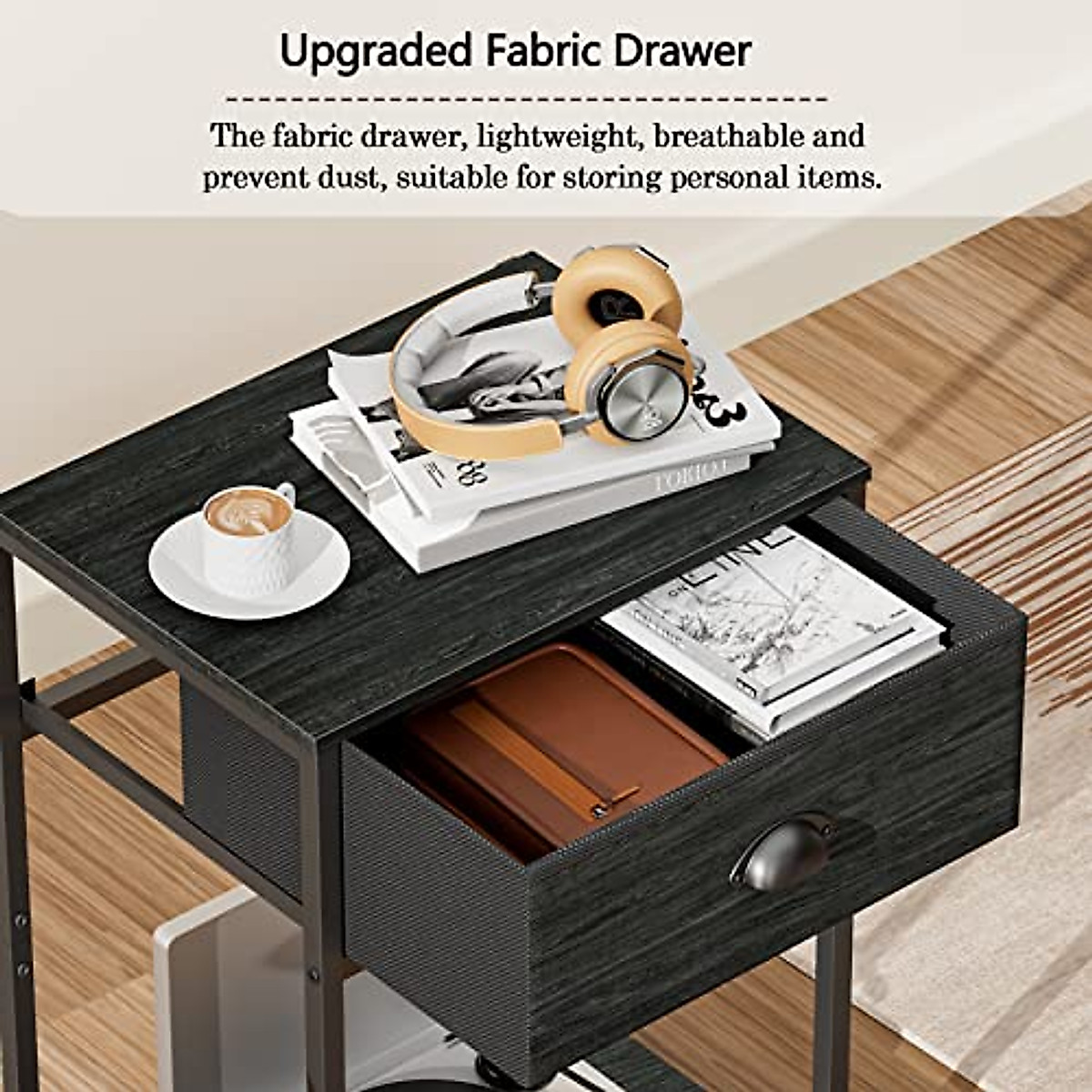 Nightstands Set of 2, Industrial End Table with Fabric Drawer&Storage Shelf, Small Bedside Table Organizer for Small Space, Side Table for Living Room, Tall 23.6" Night Stand for Bedroom, Black Oak