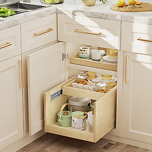 LOVMOR Retractable Double-Drawer Pull Out Cabinet Organizer 19½” W x 21” D Soft Close Cabinet Drawers Slide Out with Full Extension Rail Slides Cabinet Pull Out Shelves for kitchen Cabinets