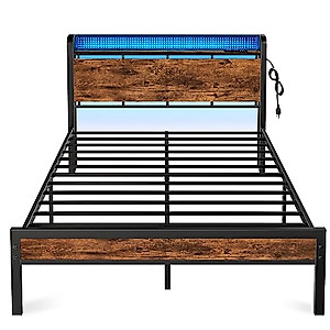Furnulem Queen Bed Frame with LED Lights,Industrial Storage Headboard with Power Outlet and USB Port,Wood Platform with Strong Metal Support,No Box Spring Needed, Noise Free