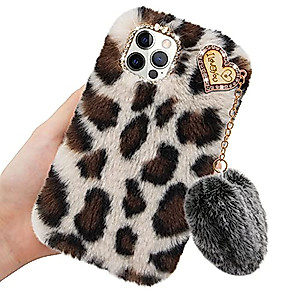 Furry Case for LG V60 ThinQ 5G, Girlyard Soft Fluffy Plush Faux Rabbit Fur Warm Hairy Shockproof Silicone Bumper Protective Cover with Cute Love Heart Hair Ball Pendant - Leopard Beige
