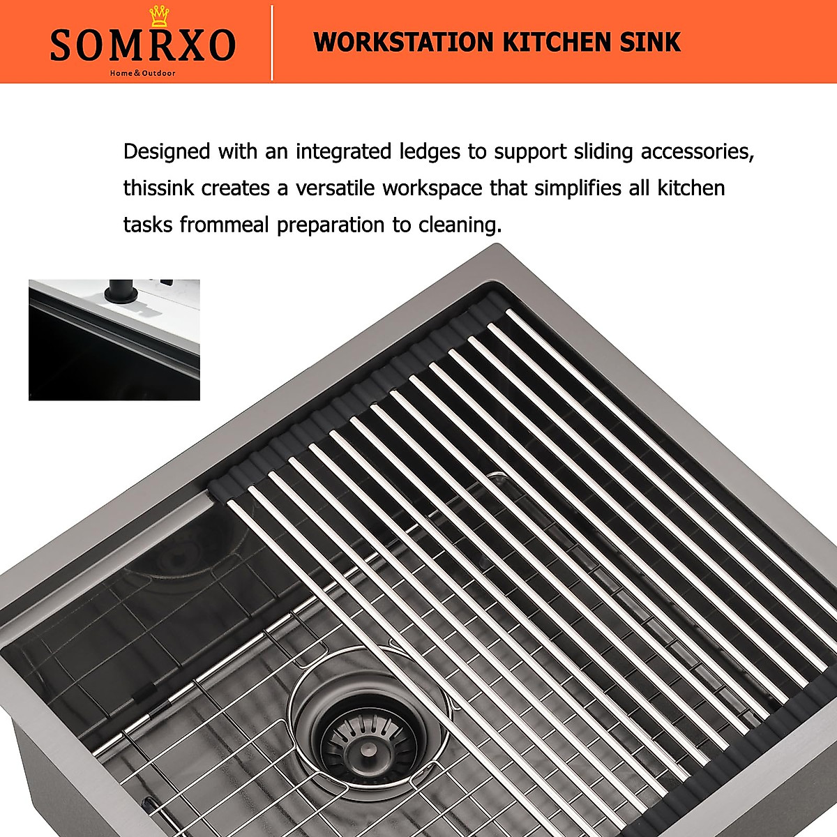 SOMRXO 20x18 Inch Undermount Workstation Bar Sink - 16-Gauge Gunmetal Black Stainless Steel, Single Bowl Compact Design for Outdoor, RV & Small Kitchens