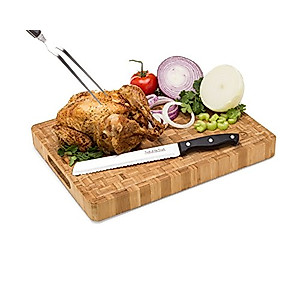 End Grain Wood Bamboo Cutting Board for Kitchen, Commercial Use - Extra Large, Thick Butcher Block with Juice Groove, Handles, and Non-Slip Feet for Chopping Veggies, Carving Meat, Bread and Cheese