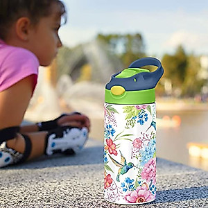 Flower Birds Kids Water Bottle with Straw Lid - 12 oz Double Wall Vacuum Insulated Stainless Steel Water Bottle Leak Proof Reusable Thermos for Toddlers, Girls, Boys