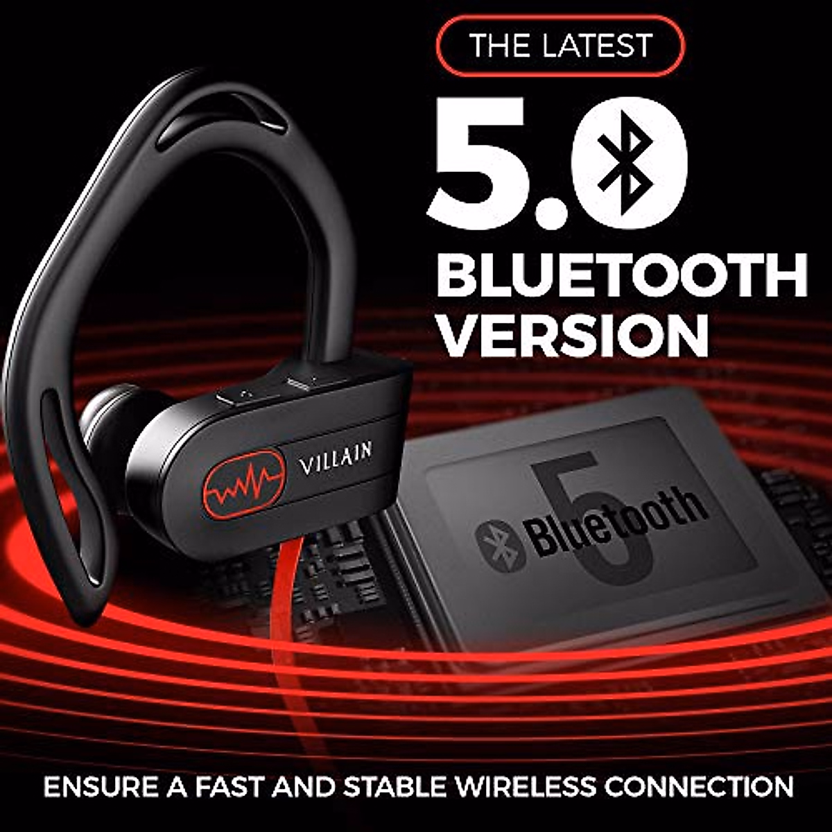 Villain Sport Headphones | Running Headphones | Workout Headphones | Gym Headphones | Wireless Bluetooth Earbuds IPX7 HiFi HD Sound with Thumping Bass