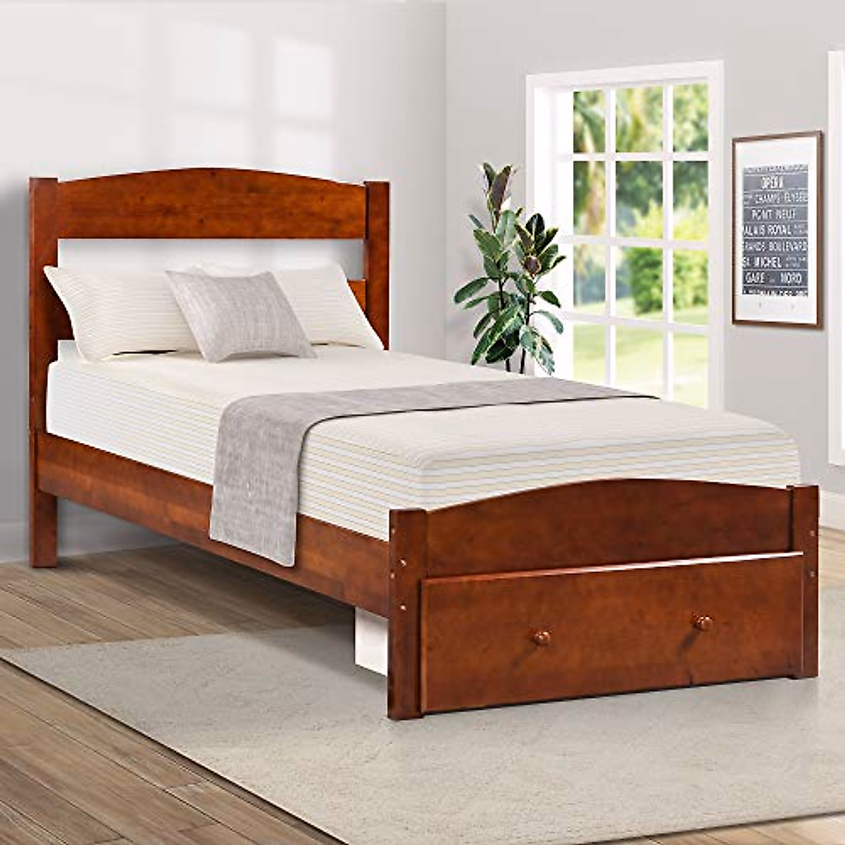 Merax Wood Platform Bed Frame with Storage and Headboard, Wooden Bed Frame, Twin (Walnut)