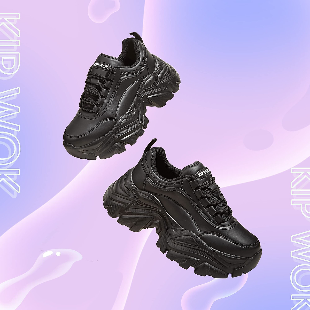 K KIP WOK Chunky Sneakers for Women Fashion Platform White Leather Casual Dad Shoes Comfortable Wedge Walking Sport Sneakers(Black,11B(M) US