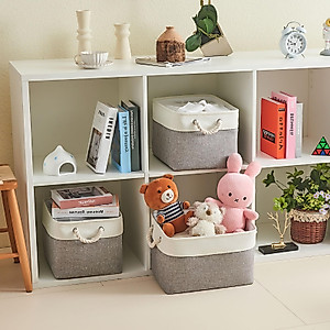 HOdo Home Fabric Storage Bin with Hard Bottom Base and 2 Bold Handles, Collapsible Large Canvas Storage Baskets for Organizing Shelf Nursery Home Closet (Grey&White, 15L×11W×9.5H - 3Pack)