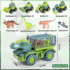 Dinosaur Carrier Truck Toys: burgkidz Kids Transport Playset with 4 Take-Apart Dino Cars & 3 Realistic Dinos Figures, Excavator Toy, Friction Powered Cars Toy Gifts for Kids Boys Girls 3 to 5 Years