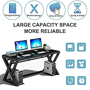 VUYUYU Computer Desk, Home Office Desks, Modern Glass Top X-Frame Metal Computer Gaming Writing Desks Laptop Table Tempered Glass/Black/55.1 inches