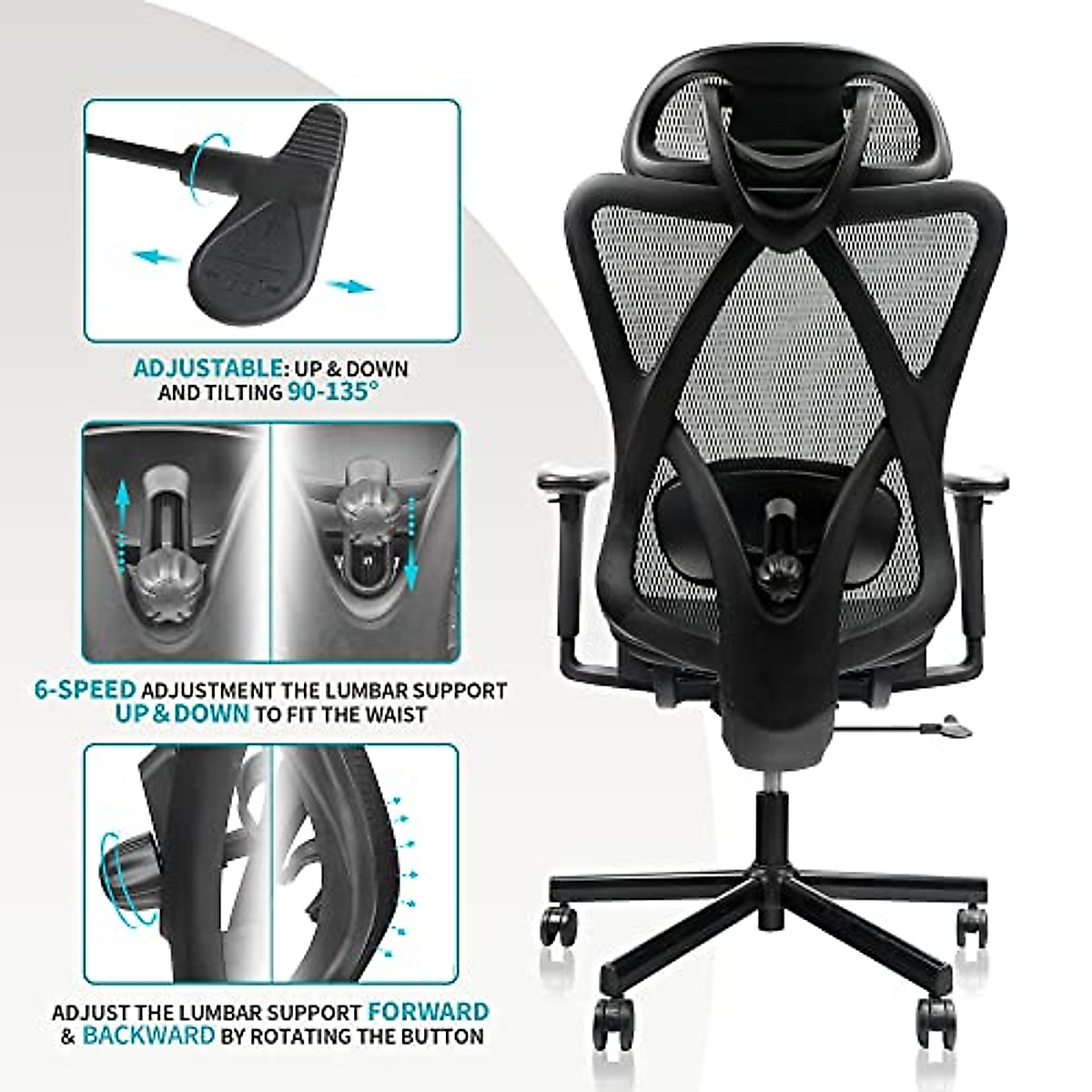 Mesh Office Chair, Ergonomic Office Chair with Adjustable Lumbar Support, Armrest, Headrest - Tilt High Back Desk Chair with Mute Wheel for Office, Home, Gaming