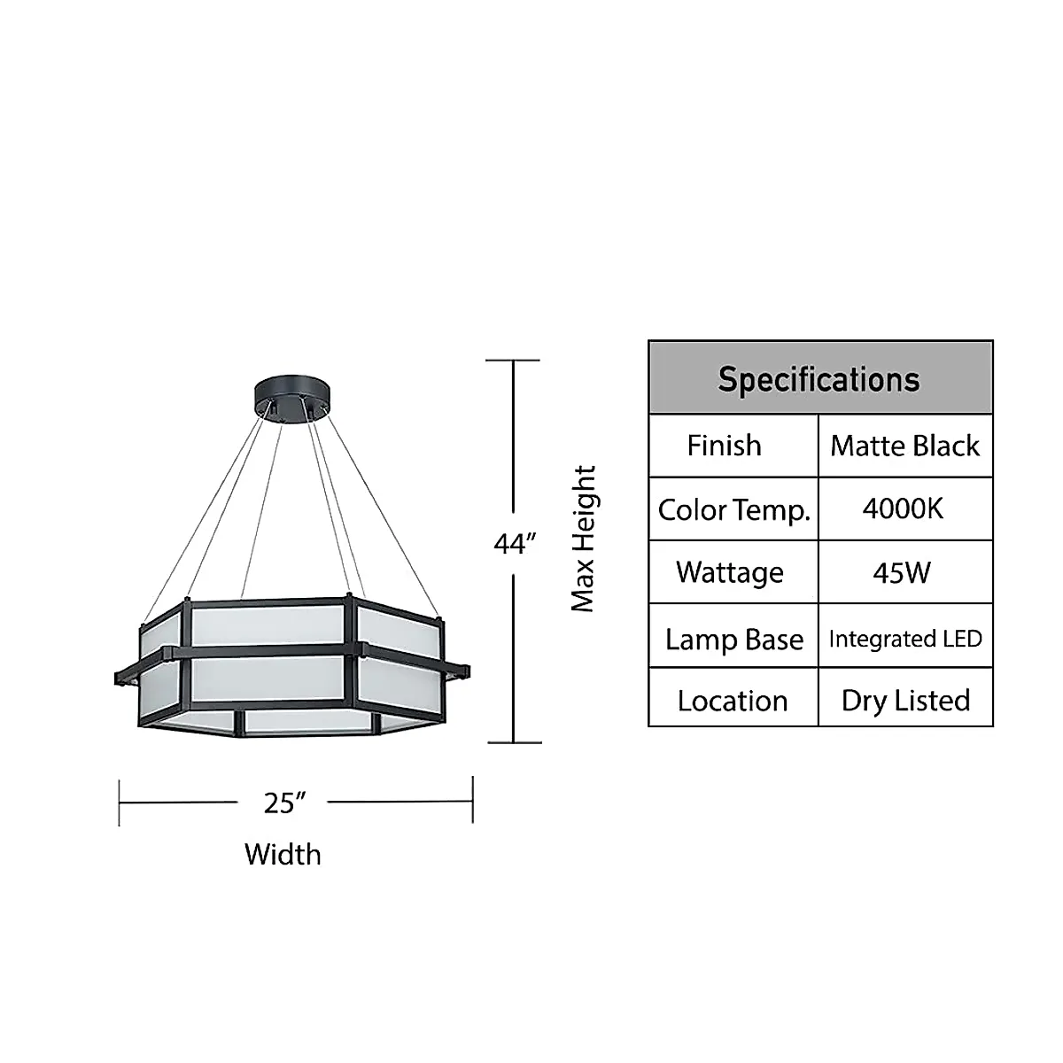 Vivio Lighting LED Hexagon Chandelier Matte Black Light Fixture Entry Way Frosted Glass Ceiling Light Farmhouse Dining Room Bedroom 45W 4000K