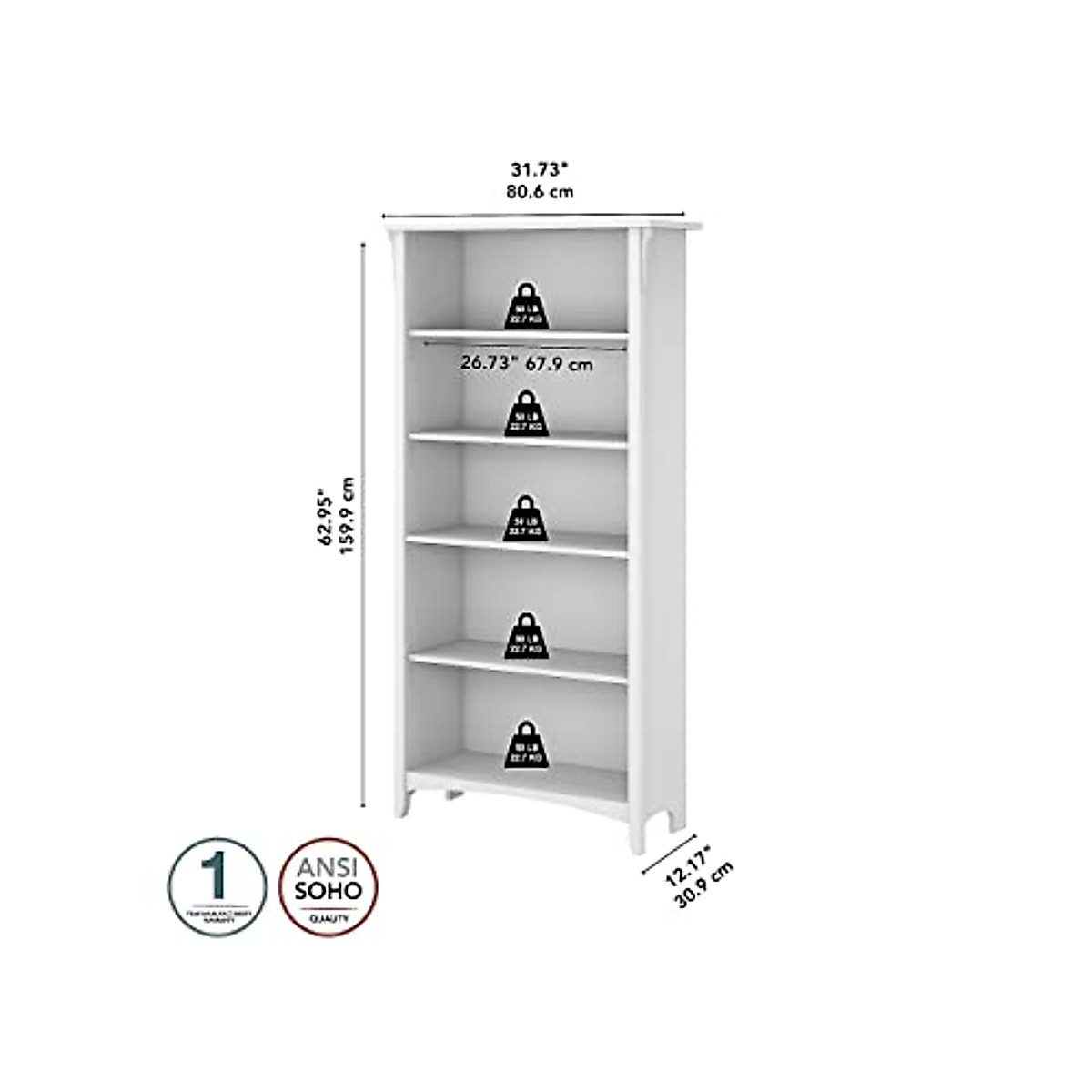 Bush Furniture Salinas Tall 5 Shelf Bookcase in Pure White and Shiplap Gray | Distressed Style Book Case | Bookshelf for Bedroom, Living Room & Pantry | Tall Bookcase | Book Shelf for Bedroom