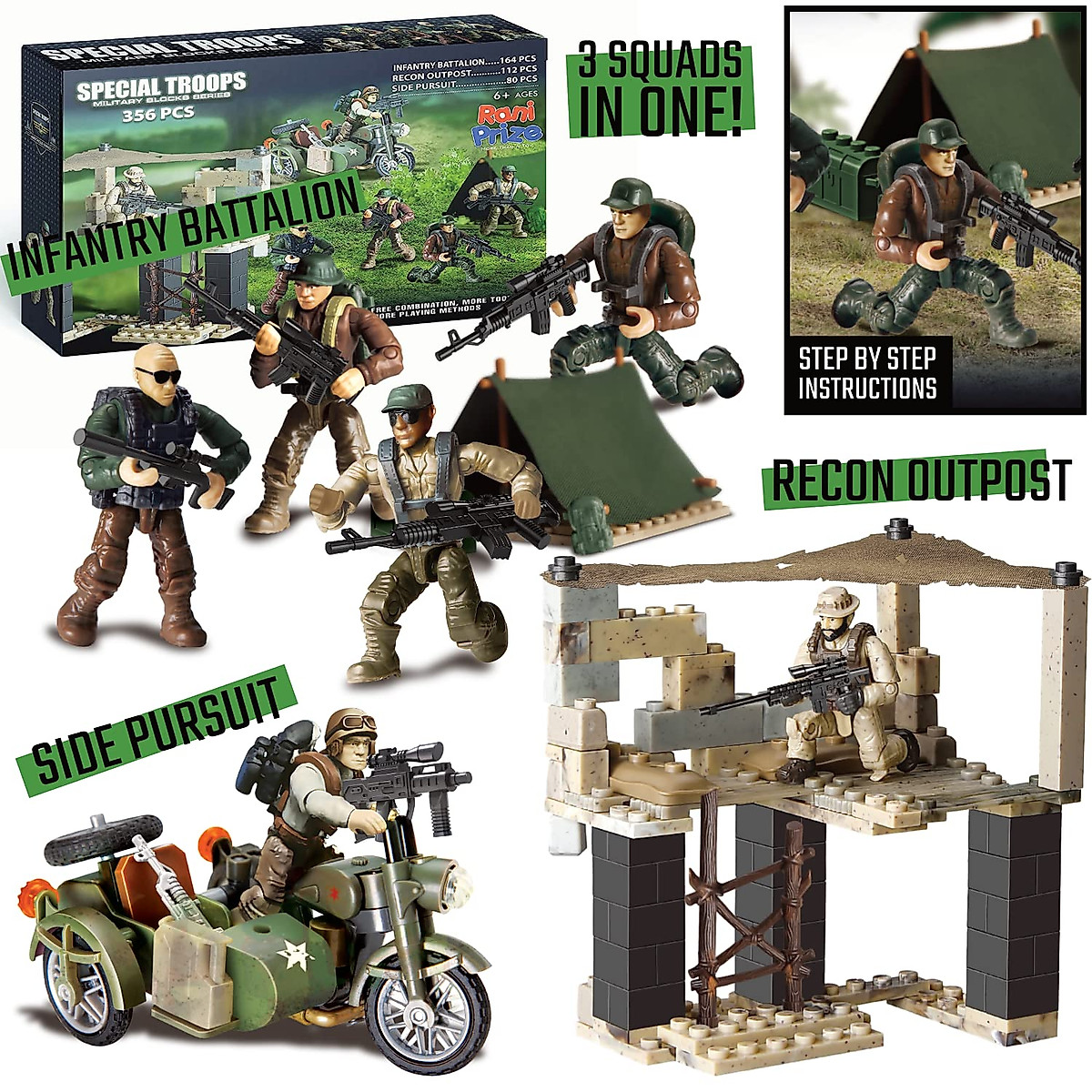 Special Forces Mini Action Figure toy Ages 8-12+ Includes 3 Military Building Sets 6 Soldier Figures Designed as an Educational Gift for Military Enthusiasts. Kids & Parents Quality Family Time 356Pcs