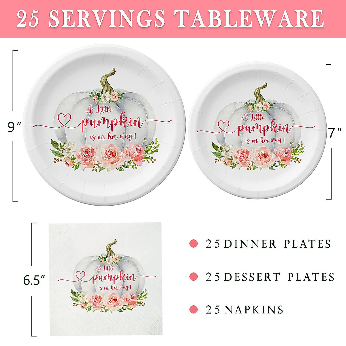 Yuzioey Pumpkin Baby Shower Decorations, A Little Pumpkin is on the Way Baby Shower Tableware for 25 Guests, Pumpkin Theme Baby Shower Supplies Tableware, Paper Plates, Napkins, Dessert Plates