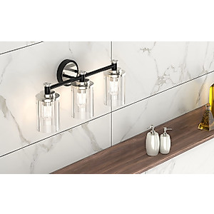 PHIXART Bathroom Lighting Fixtures Black and Brushed Nickel Bathroom Vanity Light with Cylindrical Clear Stripes Glass Lampshade E26 Socket Base Bathroom Lighting Fixtures Over Mirror (3 Lights)