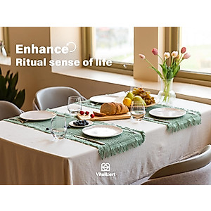 Vitalizart Dusty Green Table Runner 14"x36" Waffle Weave Boho Rustic Fringe Cotton Farmhouse Table Cloth for Home Decor Coffee Table Bedroom Kitchen Dining Bridal Wedding Baby Shower Decoration