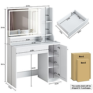 Dripex Makeup Vanity Desk with Mirror and Lights Bedroom Dressing Table, Makeup Table with Drawer, Cabinet, Adjustable LED Lights -White