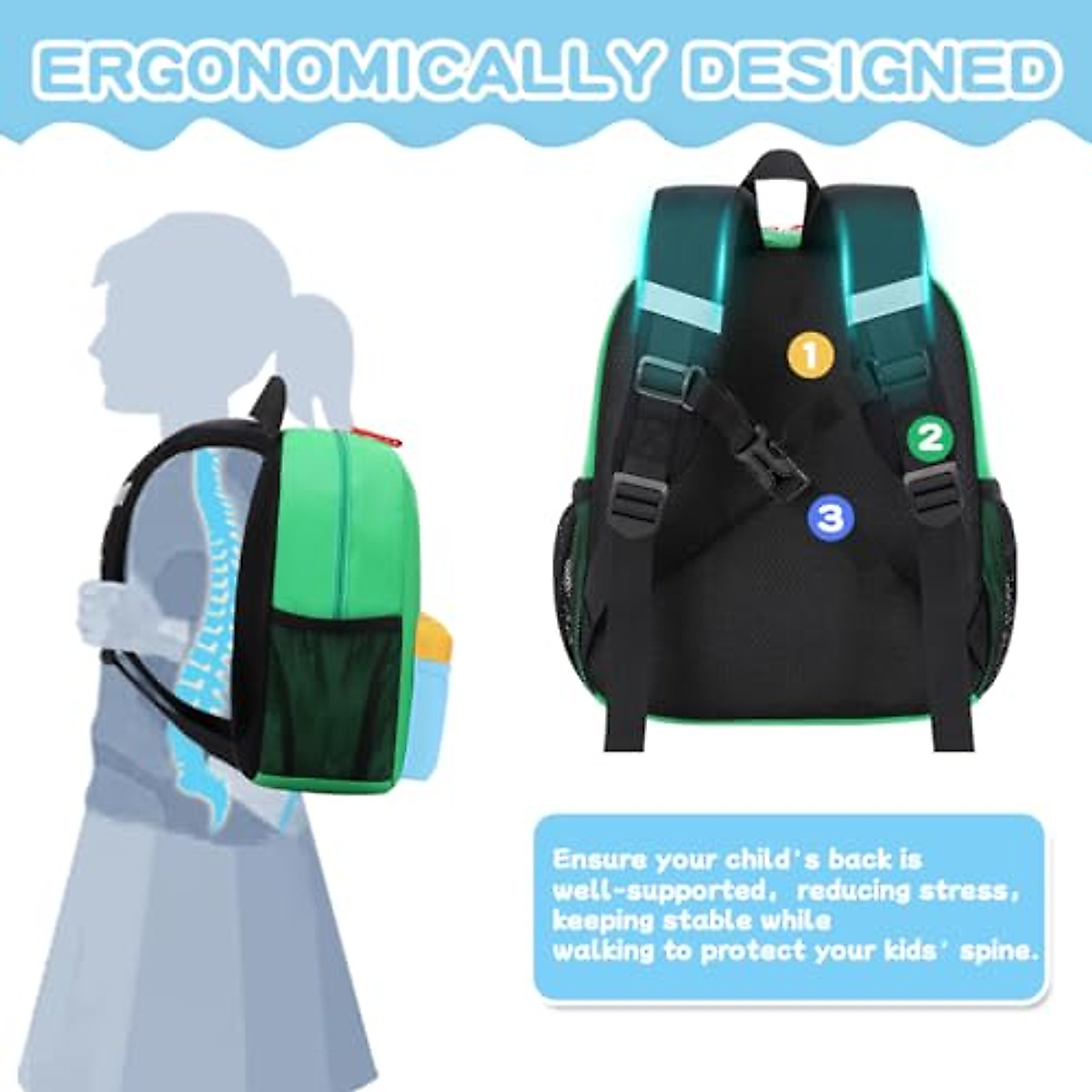 Toddler Backpack, 12'' Preschool Mini Backpack for Small Kids Boys and Girls 1-4 years old Kindergarten Small Bookbag with Chest Buckle and Reflective Strip,Green and Blue