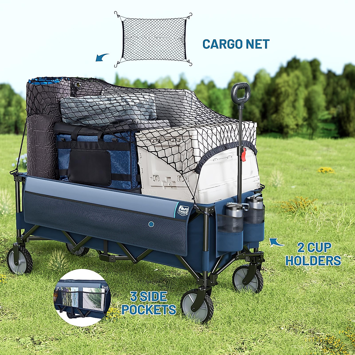 TIMBER RIDGE 51.2'' Extended Collapsible Wagon Cart with Cargo Net, 350LBS Heavy Duty Foldable Utility Wagon with Adjustable Handle, 250L Capacity Portable Cart for Camping Sports Shopping, Blue