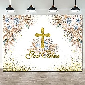Wollmix 1st First Communion Baptism Decorations Backdrop 7x5ft God Bless Holy Communion Banner Christening Gold Dots Boho Florals Photography Background Baby Shower Banner Photo Booth Props