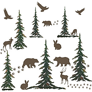 62 Pieces Forest Wall Decal Wild Animal Nursery Wall Decals Woodland Vinyl Wall Decals Forest Wallpaper Pine Tree Forest Decor Forest Animal Bear Deer Wall Sticker for Christmas Kids DIY Bedroom