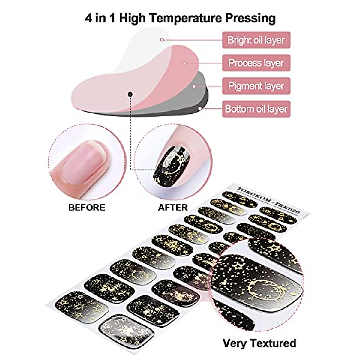 Semi Cured Gel Nail Strips, TOROKOM 20 Stickers Black Star Moon Gel Nail Polish Stickers Wraps Adhesive Gel Nail Stickers with Nail File Stick and Sealing Strip (UV/LED Lamp Required)