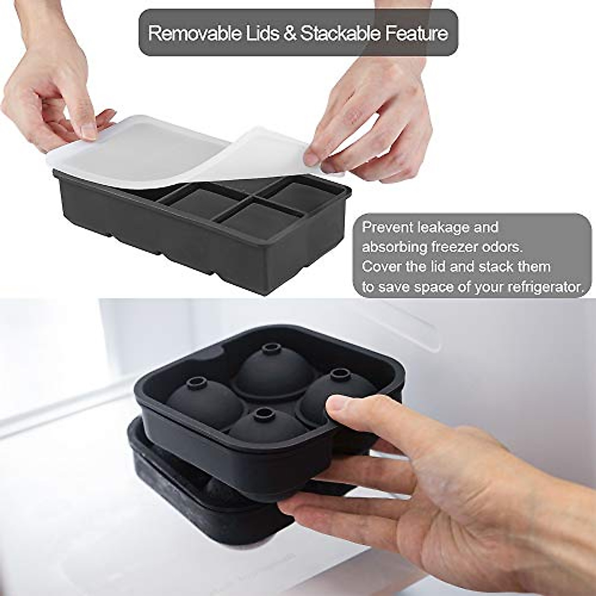 CHIYAN Ice Cube Trays Silicone Mold - Easy Release Ice Cube Molds Sphere Ice Ball Maker with Removable Lid and Large Square Ice Molds Reusable and BPA Free for Whiskey and Cocktails, Set of 3, Black