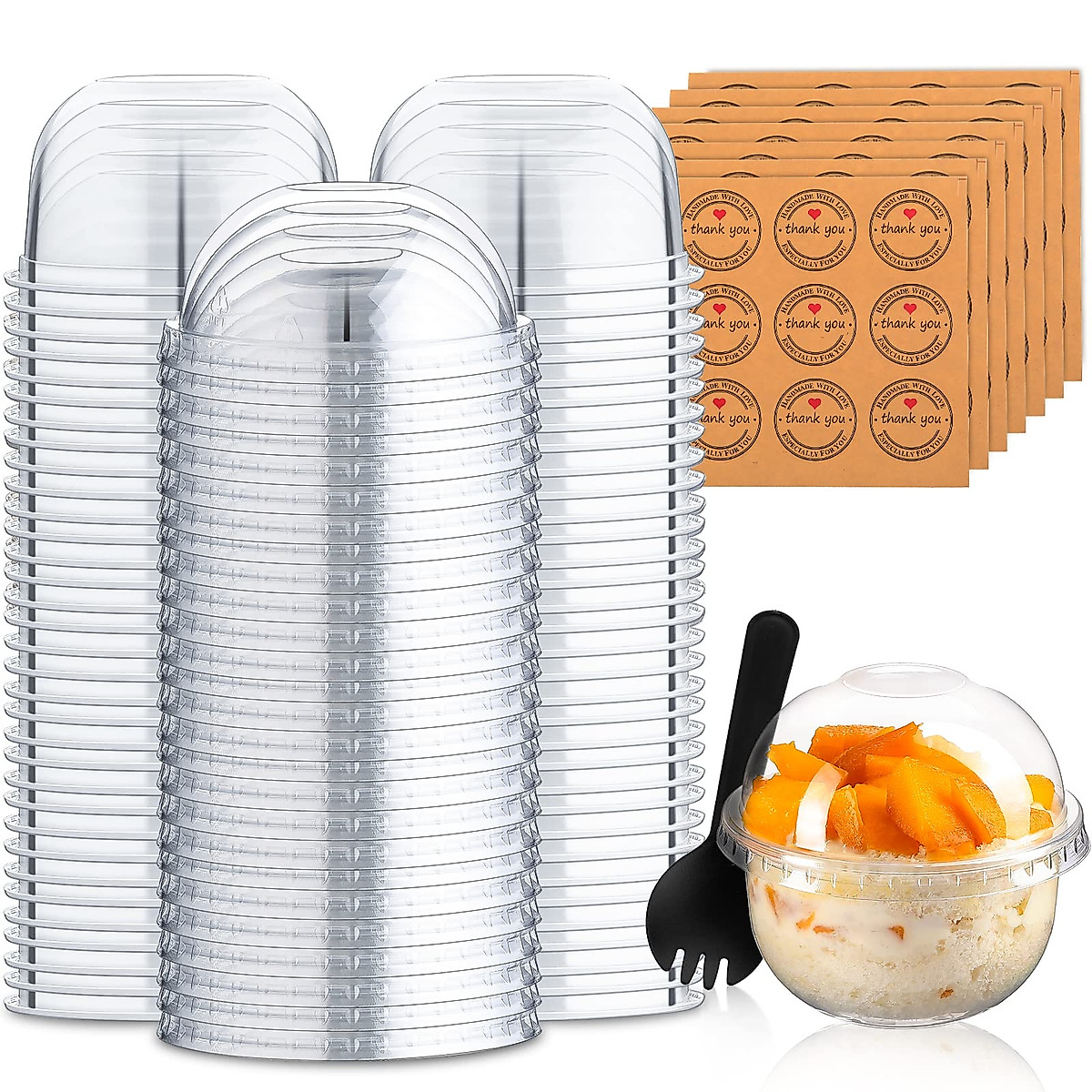 50 Pack Dessert Cups with Dome Lids Disposable Plastic Cups with Lids Clear PET Ice Cream Cups (no Hole), Sporks and Stickers for Plastic Fruit, Cake and Mini Snack Bowls(Simple Cup,9 oz)