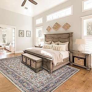 Area Rugs for Living Room Bedroom: 8x10 Rug Machine Washable with Non-Slip Backing Non-Shedding Stain Resistant, Boho Floral Large Carpet for Dining Room Nursery Home Office Indoor Decor (Blue/Brown)