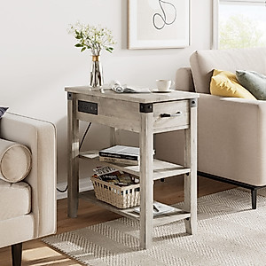 IDEALHOUSE End Table with USB Ports and Outlets, Flip Top Side Table Narrow Bedside Table with Drawer and Storage Shelves for Living Room, Rustic Grey