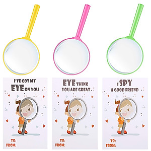 FiGoal 30 Pack Valentines Cards with 30 Colorful Magnifying Glasses in 3 Colors Plus Goodie Bag for Greeting Cards School Classroom Prizes Valentines Party Favors