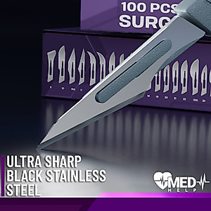 MedHelp Pack of 100 Disposable Surgical Blades 11, Size 11 Medical Scalpel Blades for Surgical Scalpel Knife, High Carbon Steel Dermablade Blades. Individually Wrapped 11 Blade