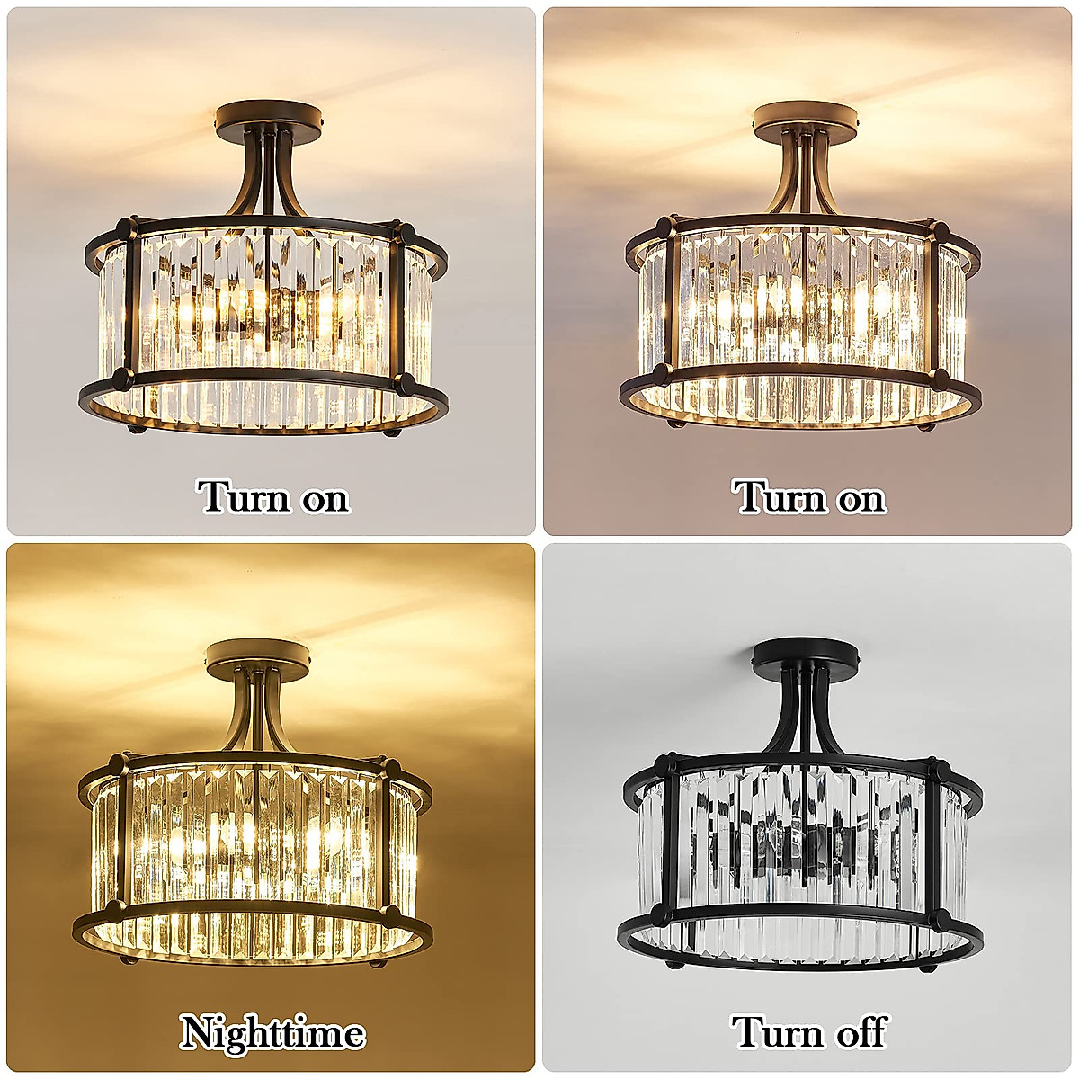 YYJLX 6-Light Black Semi Flush Mount Crystal Chandelier Metal Modern Ceiling Light Fixture Lighting for Living Room Dining Room Kitchen Bedroom Foyer Hallway