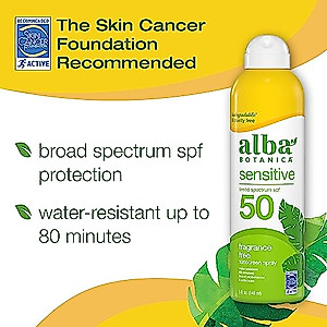 Alba Botanica Sensitive Sunscreen Spray for Face and Body, Fragrance-Free, Broad Spectrum SPF 50, Water Resistant, 5 fl. oz. Bottle