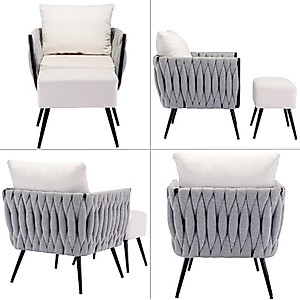 LukeAlon Velvet Accent Chair with Ottoman Set, Linen Weaved Back Living Room Chair with Metal Legs Upholstered Reading Chair with Armrest for Study Room Reception Room, Grey & Beige