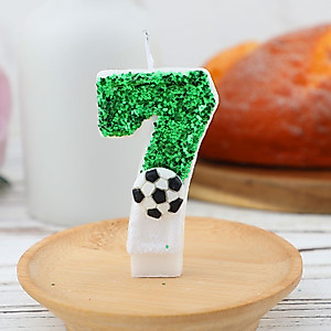 Football Candle, White Green Soccer Cake Topper Happy Birthday Number Cake Candle Sparkling Sequins Soccer Football Theme Birthday Party Decorations Celebrations Supplies (Number 7)