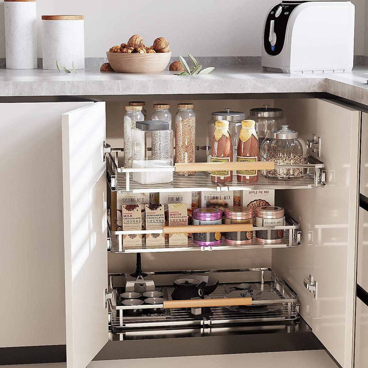 jkxoo Expandable Pull Out Cabinet Organizer, Closet Organizers and Storage 11.8~18''W x 17.3''D Heavy Duty Under Sink Storage Basket Slide Out Cabinet Shelves for Kitchen, Bathroom, Pantry