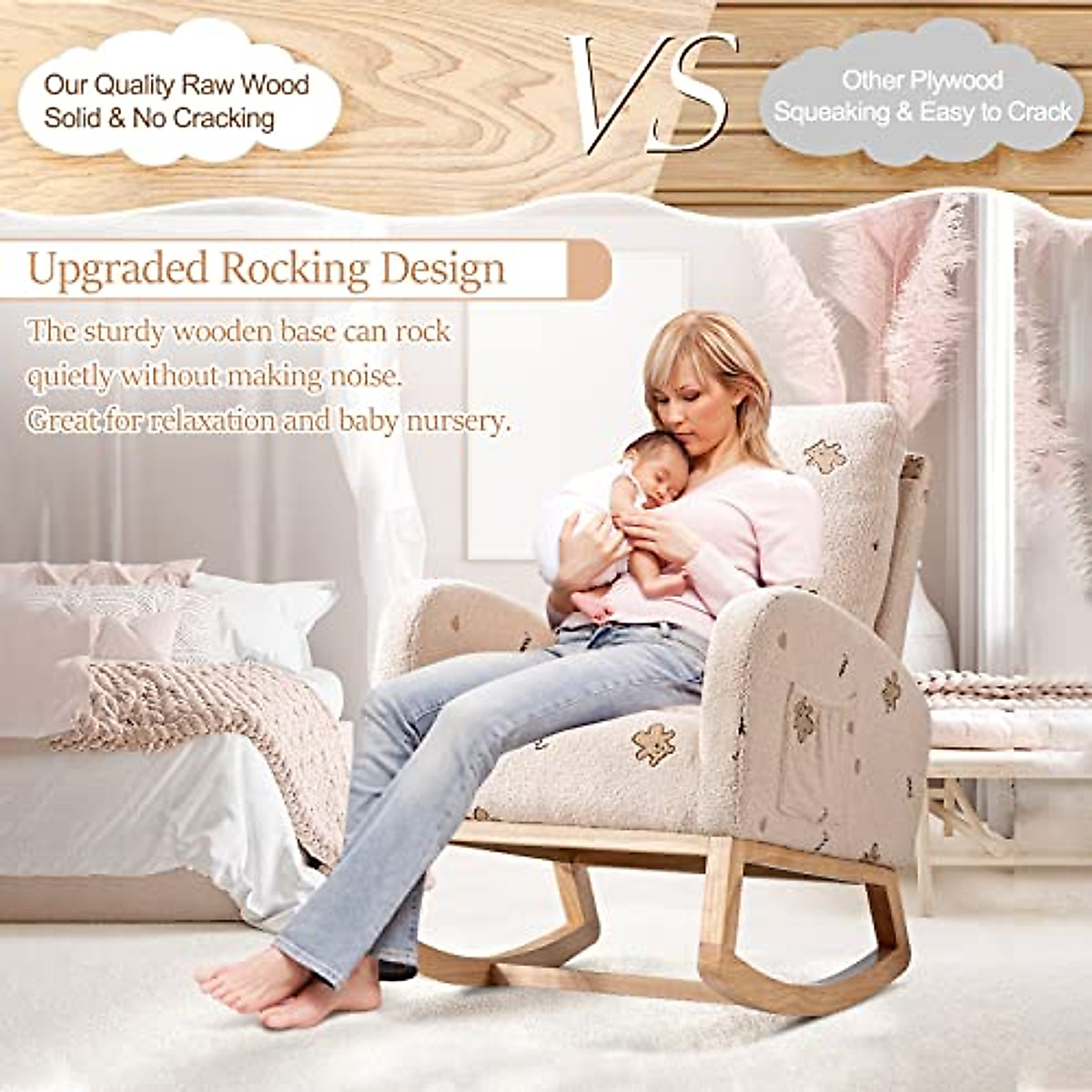 Cute Comfy Rocking Chair for Baby Nursery, Upholstered Rocker Chair with High Backrest and Side Pocket, Modern Armchair for Living Room, Glider Rocker with Solid Wood, Quiet Rocking Design, Beige
