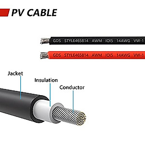 SinLoon 14AWG Solar Extension Cable,1 Pair 14 Gauge PV Solar Panel Bare Cord IP67 Waterproof Male to Female Solar Power Cable with 2 O Ring Terminal,for Solar Panel Wire (14AWG 16.4 FT)