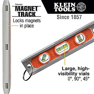 Klein Tools 9319RETT Level, 9-Inch Magnetic Aluminum Torpedo Level with 0/45/90 Degree Vials and V-groove, Tapered Nose