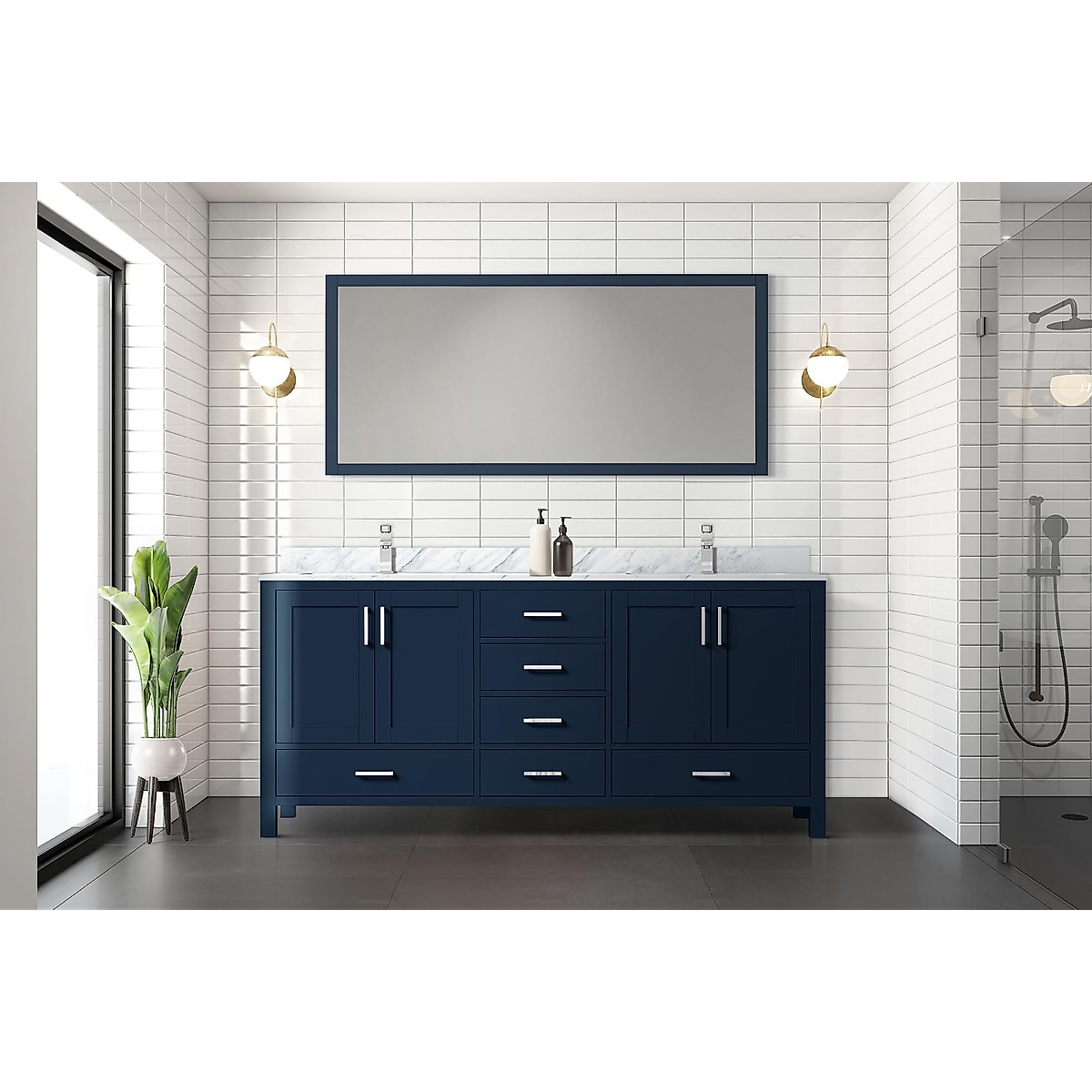 Bell+Modern Big Sur 72 in. W x 22 in. D Navy Blue Double Bath Vanity and Carrara Marble Top