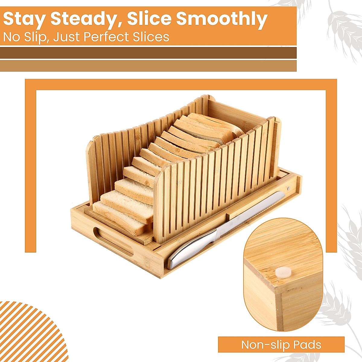 Deen Dynamics Premium Bamboo Bread Slicer for Homemade Bread, Bread Slicer with 3 Slice Thickness, Foldable bread slicer with Stainless steel knife and Compact Chopping Cutting Guide with Crumb Tray