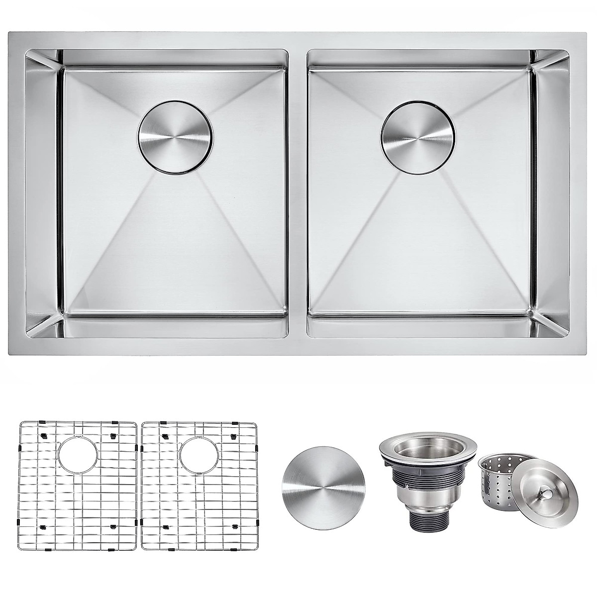 CITYLE 32 Inch Undermount Kitchen Sink, Stainless Steel Sink Handmade 50/50 Double Basin with Bottom Grid and Basket Strainer Drain for Bar Prep Kitchen(32'' x 18'' x 9'')