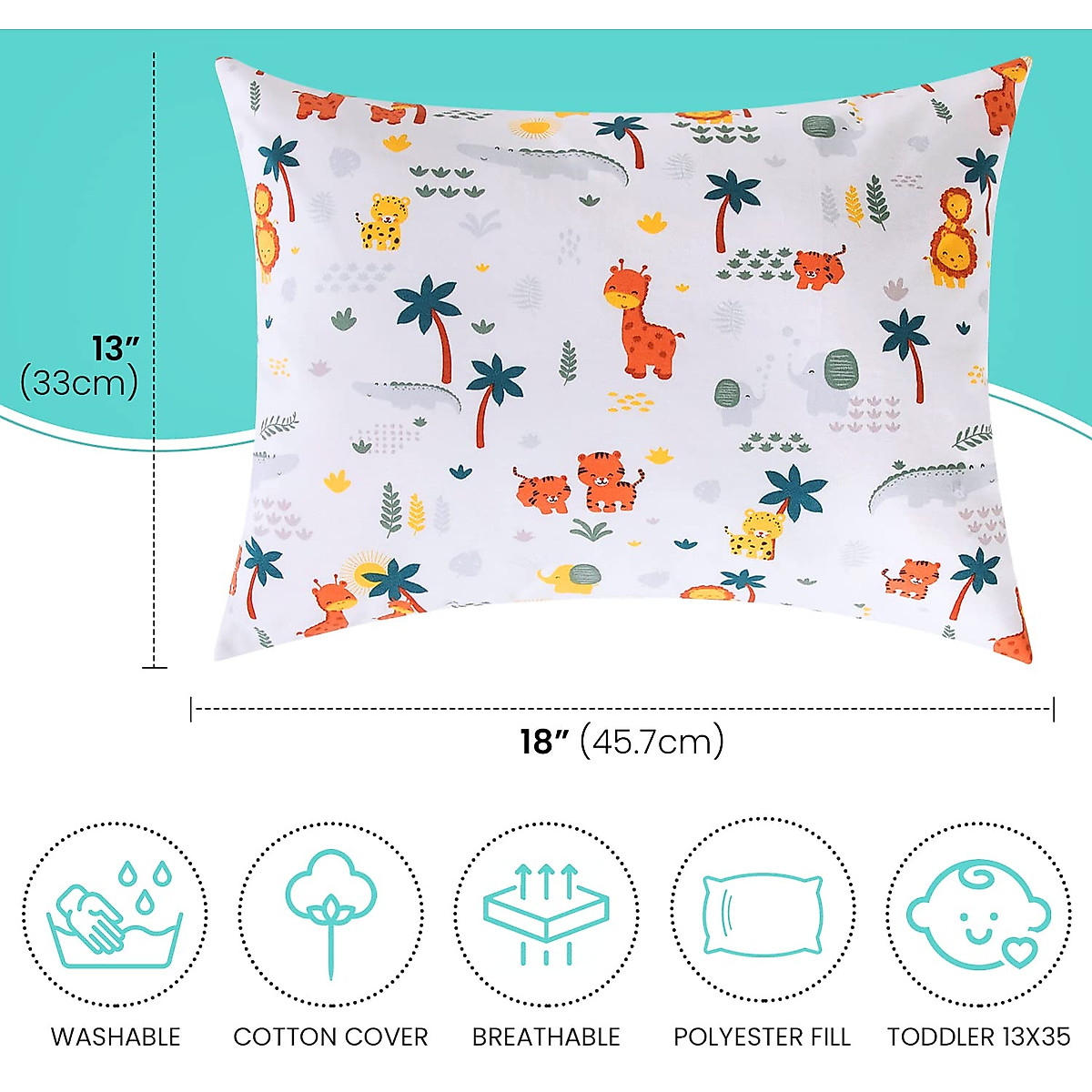 Via La Vie My Dream Pillow Small Toddler Pillow with Pillowcase - 100% Cotton Fabric with Polyester Fill Hypoallergenic Sleeping Pillow for Kids - Machine Washable, 13x18 Inches